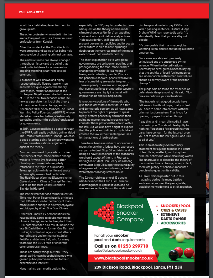 ‘A FOUL & A MESS’ in Snooker courtesy of the idiotic ‘Just Stop Oil ...